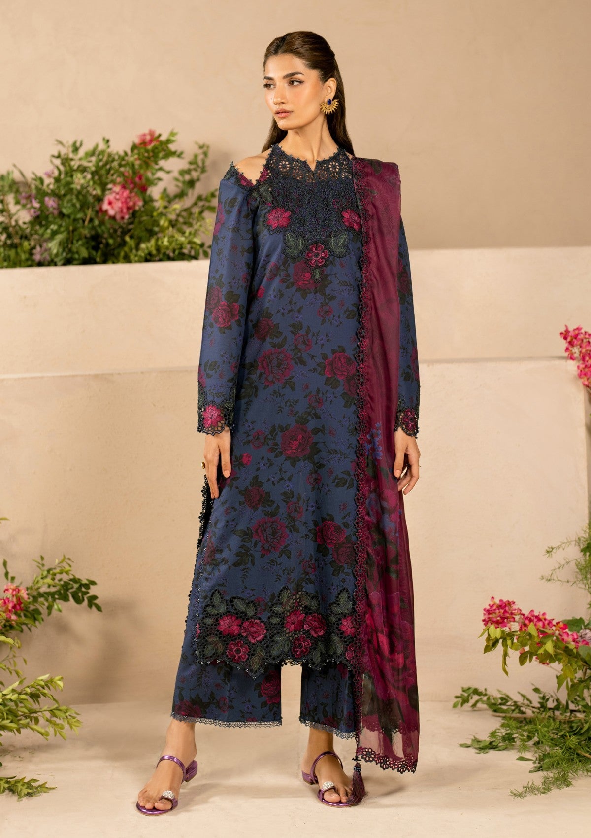 3 Piece - Iznik Linen Embroidered Suit with Embroidered Shawl (Unstitc ...
